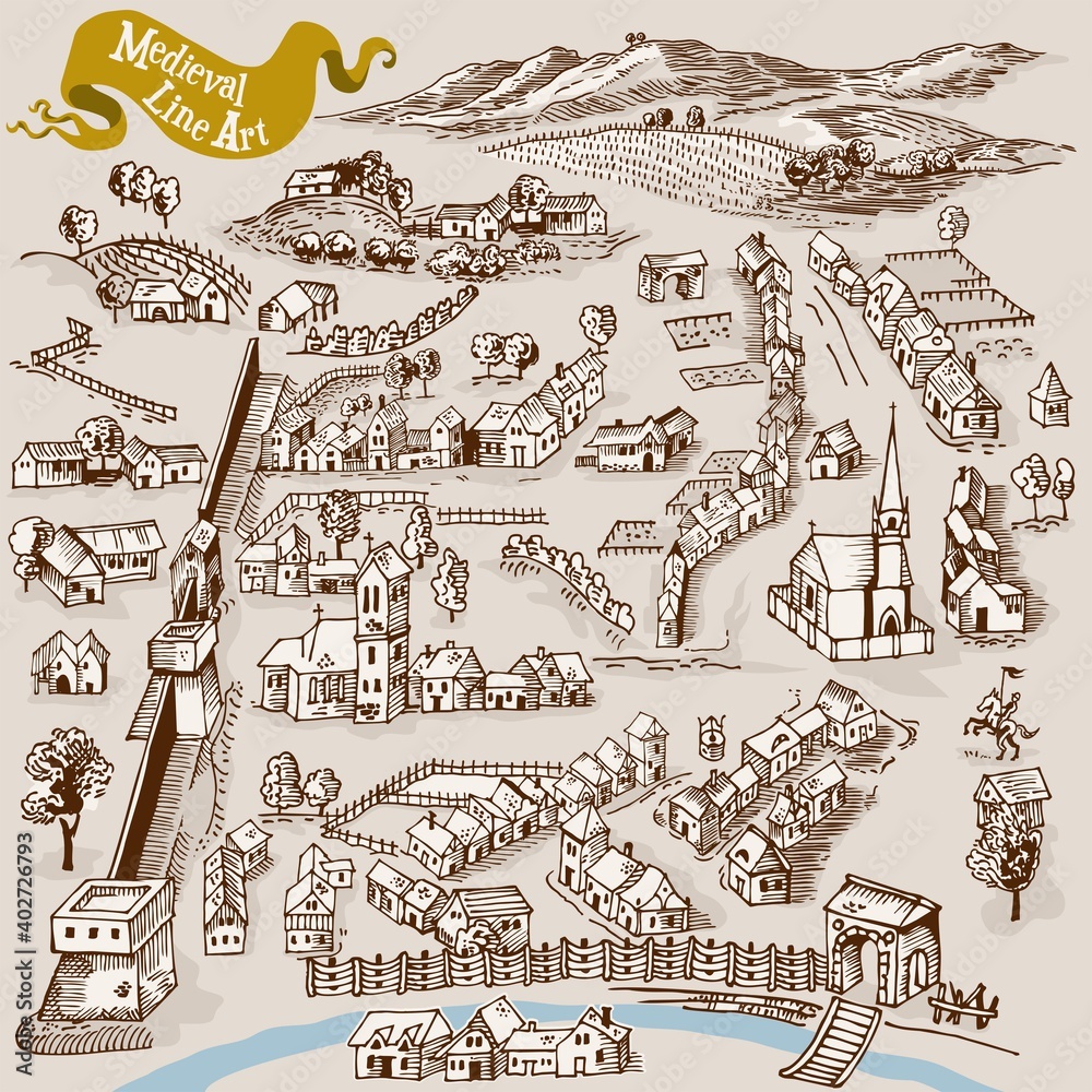 Medieval map elements engraving and woodcut style vector cartography ...