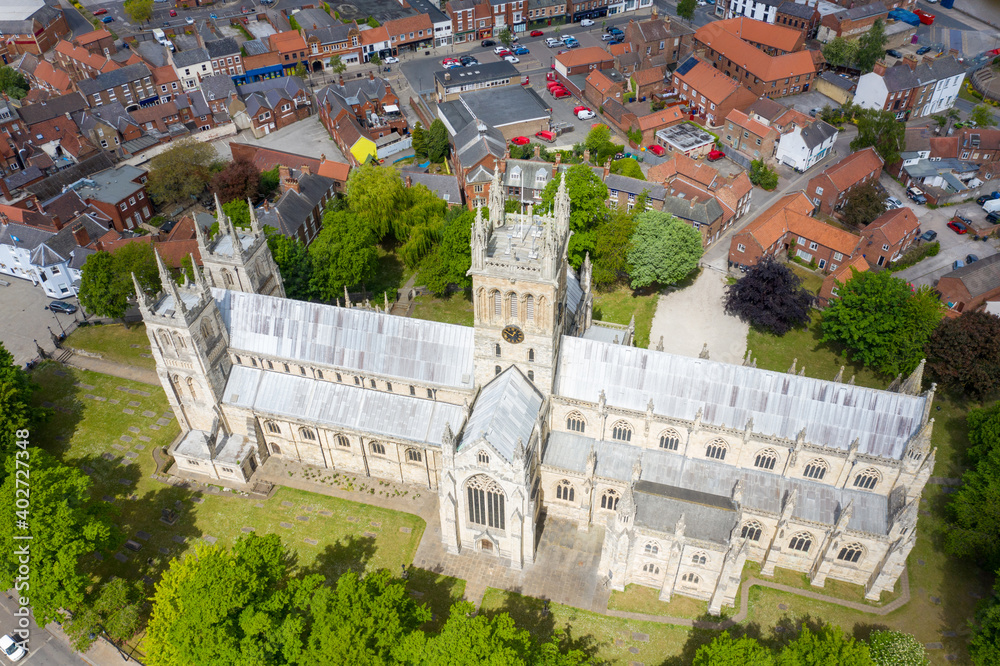 Aerial photo of the historical Selby Abbey in the town of Selby in York ...
