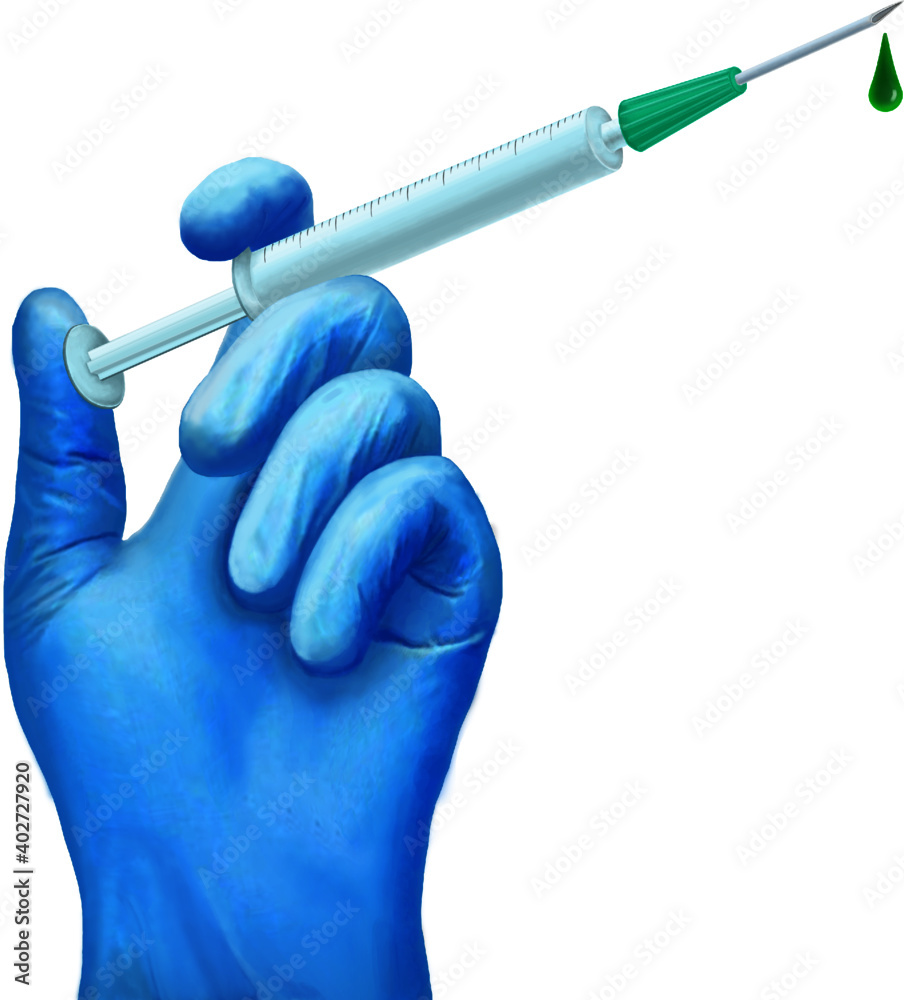 hand hold syringe injection or cure concept. COVID-19, flu, Polio ...