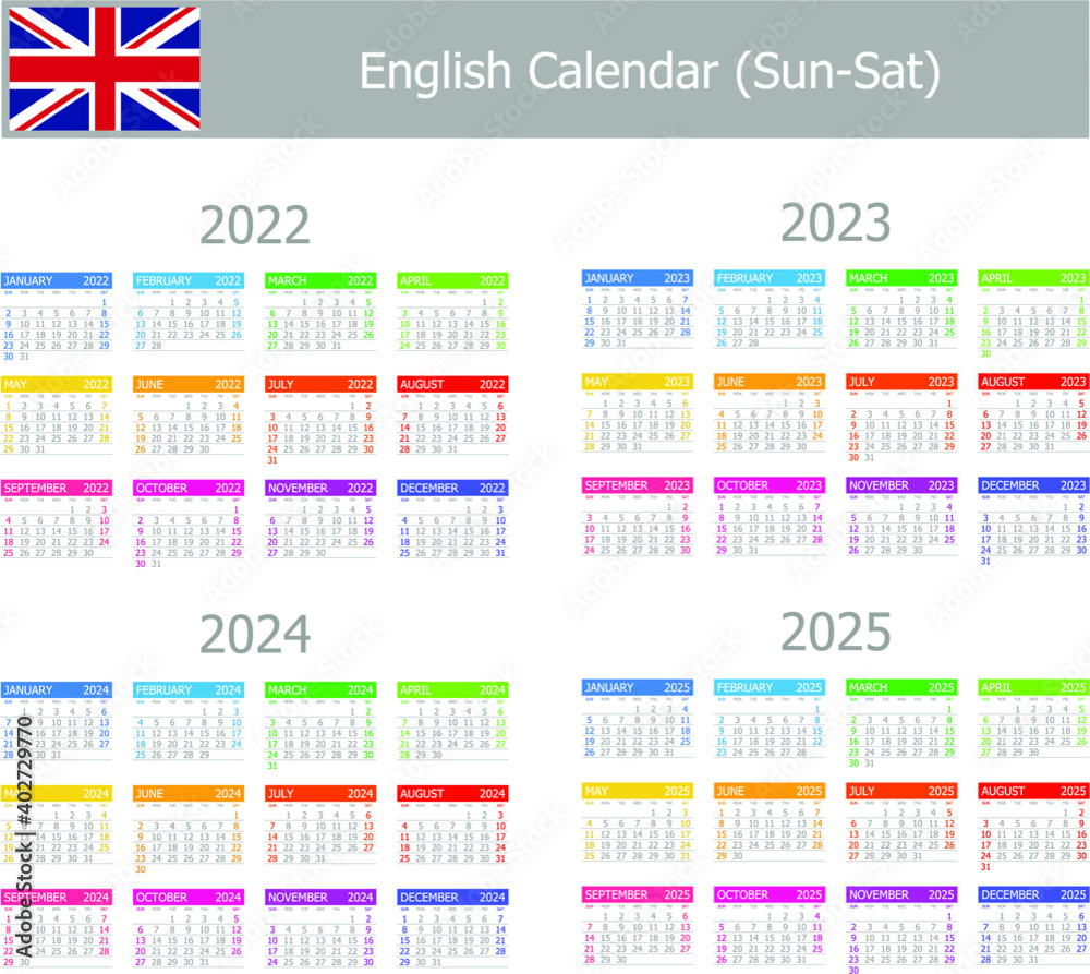 2022-2025 English Type-1 Calendar Sun-Sat on white background vector de ...