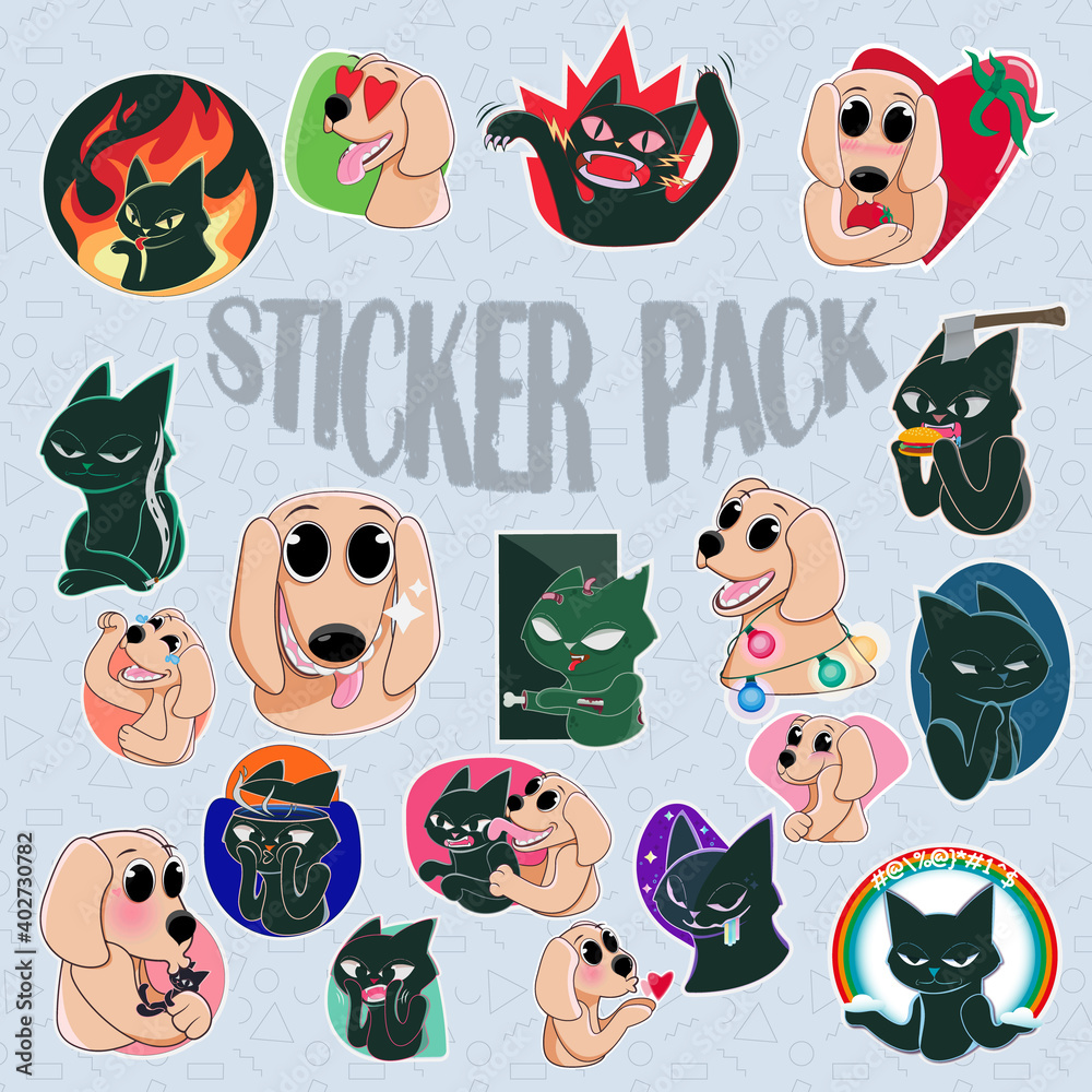 Set of patches, stickers, badges, pins with cat and dog, flat vector ...