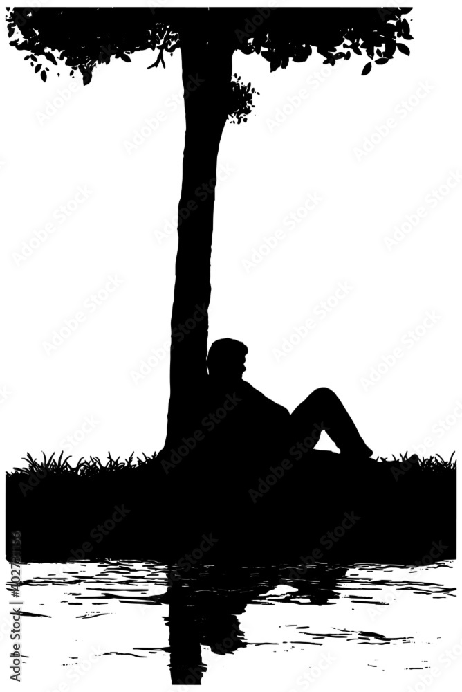 Man sitting under a tree with reflection by water, silhouette in black ...