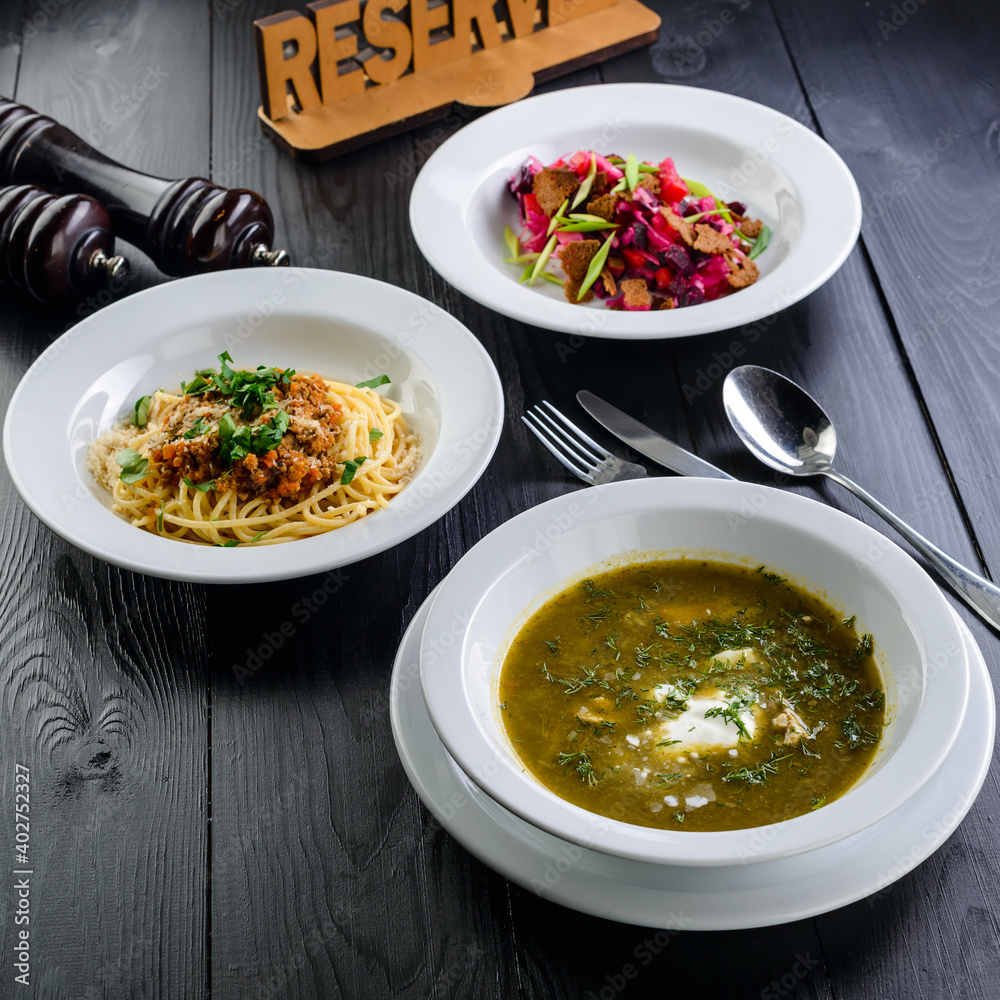 Three-course set menu for a nutritious healthy lunch in a restaurant ...