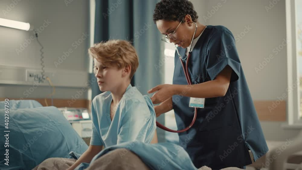 Hospital Ward: Handsome Young Boy Resting in Bed with Caring Mother ...