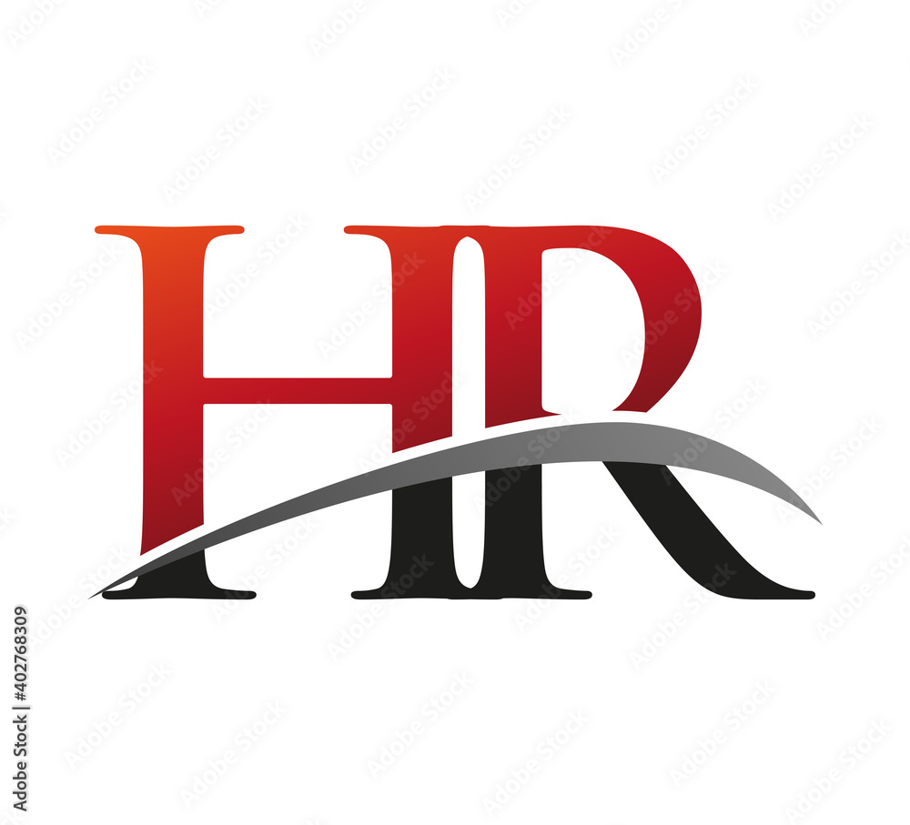 initial letter HR logotype company name colored red and black swoosh ...
