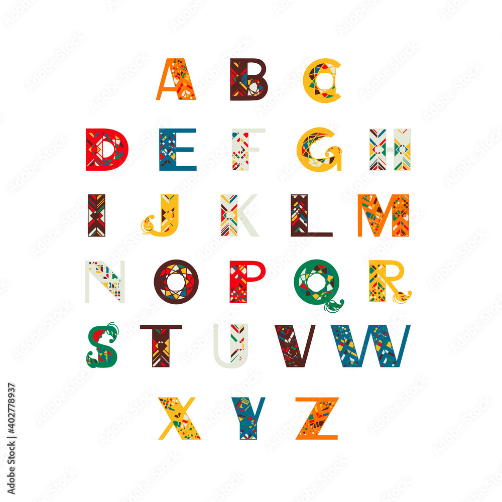 Tribal style alphabet. Ethnic ornamental font. Vector illustration ...