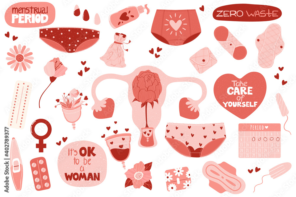 Menstruation set. Bundle of menstruation, period, female uterus, zero ...