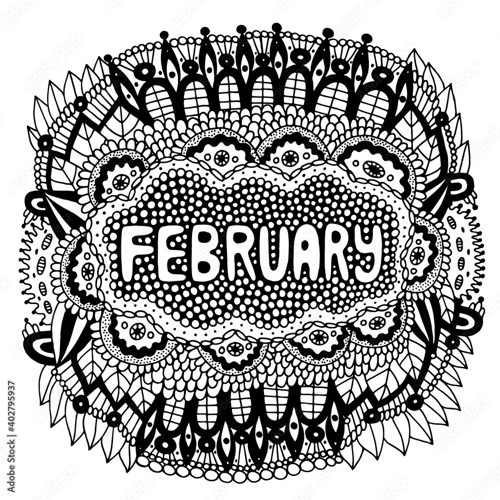 February - coloring page for adults. Mandala with months of the year ...