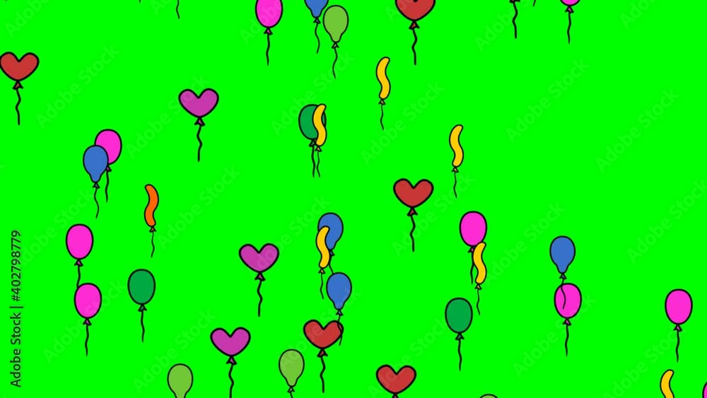Many cartoon party balloons flying up on green screen chroma key ...