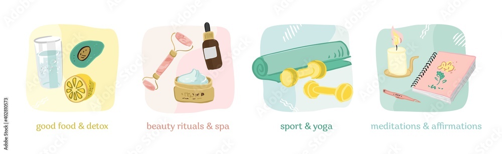 Set of morning routine symbols on abstract backgrounds. Collection of ...