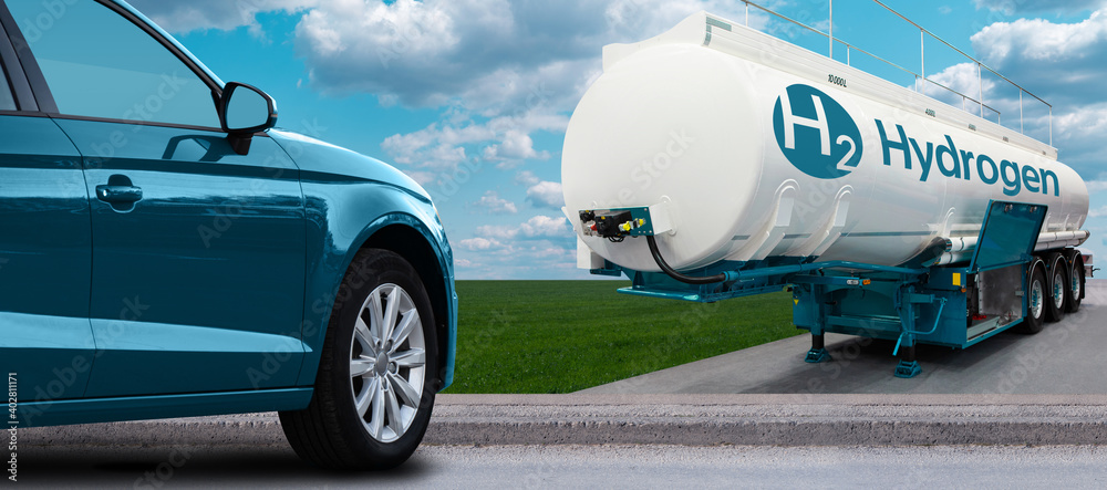 Blue car on hydrogen fuel with H2 tank trailer on a background of green ...