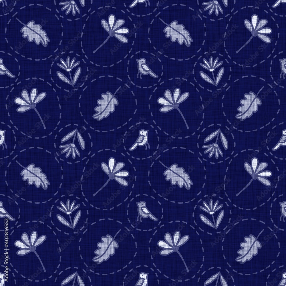 Indigo blue flower block print dyed linen texture background. Seamless ...