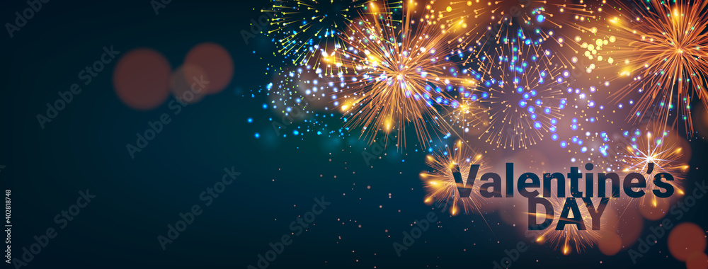 Valentines day background with fireworks and typography of happy ...