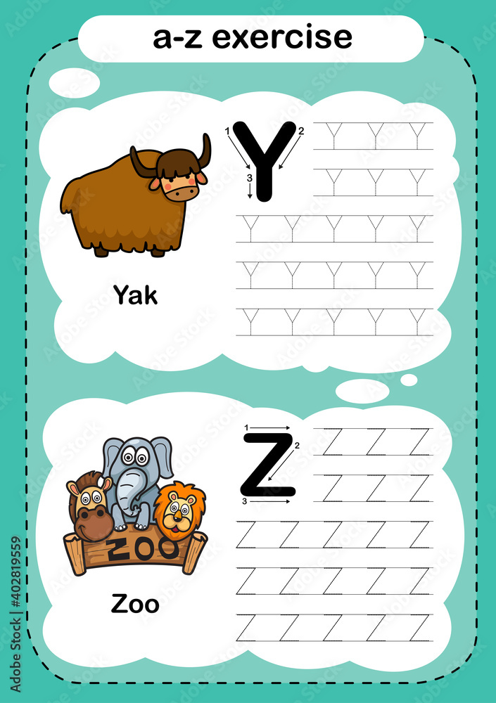 Alphabet Letter Y - Z exercise with cartoon vocabulary illustration ...