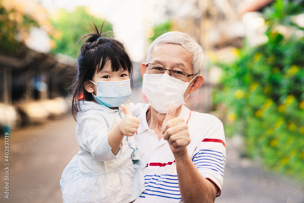 Family wear mask to prevent spread of coronavirus. Grandfather and ...