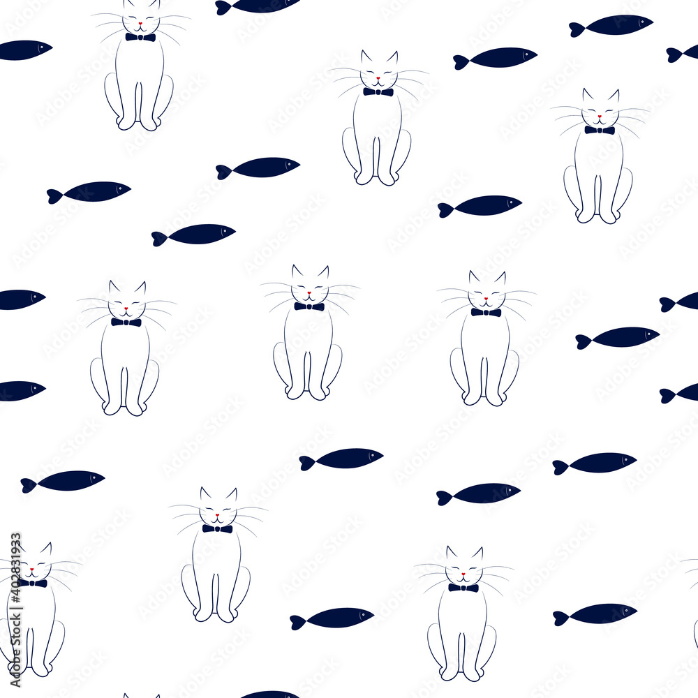 Sea fish swims. The cat in the bow tie is fishing Favorite cat food ...