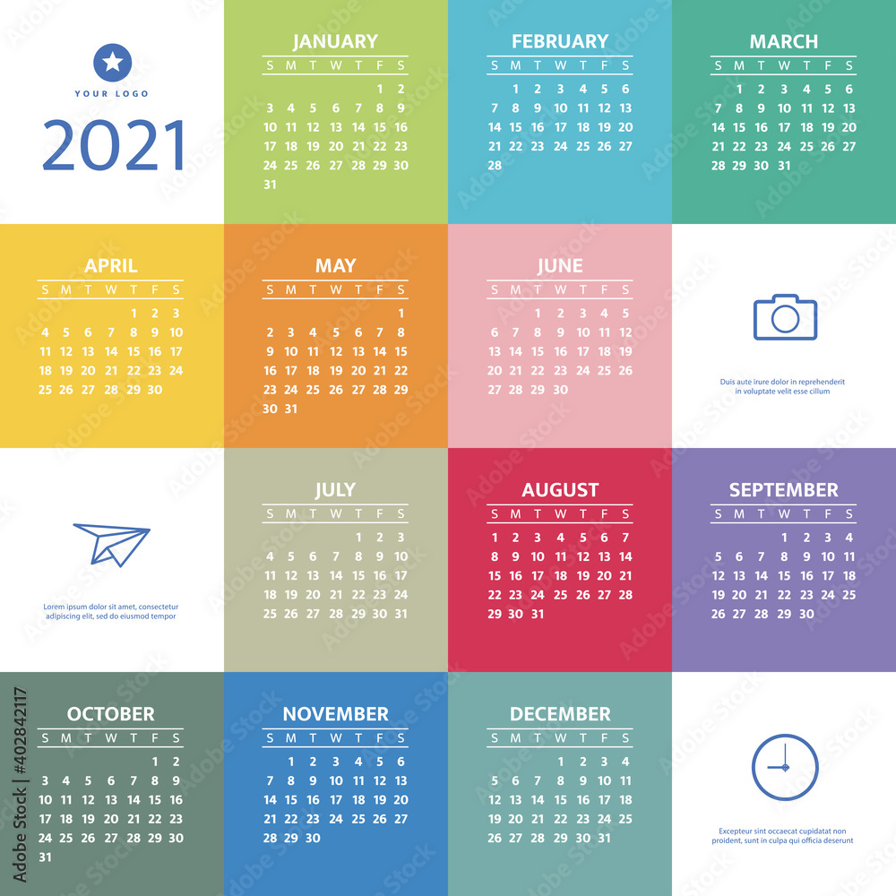 2021 Year Calendar. Week starts on Sunday. Template and Mock Up ...