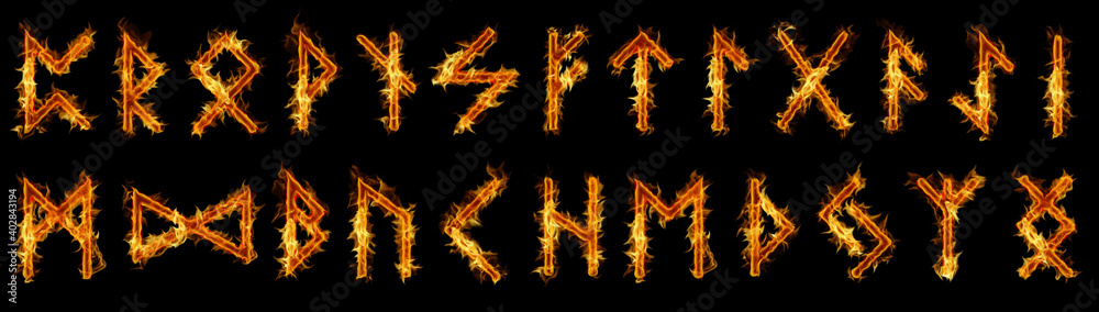 Fiery burning Viking elder Futhark Rune letters on black background ...