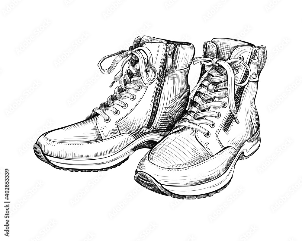 Hand drawn sketch of boots isolated on a white background. Concept of ...