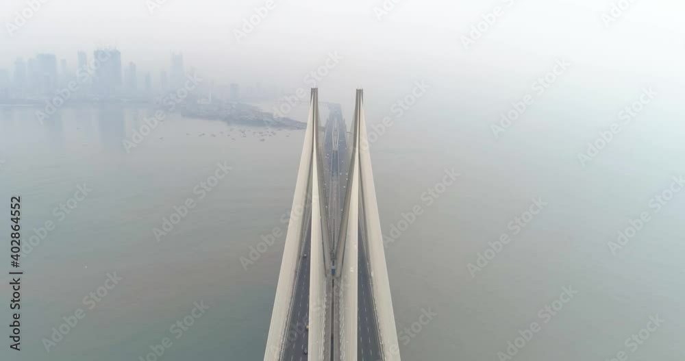 A drone shot at Bandra Worli Sea Link seen from an aerial view in slow ...