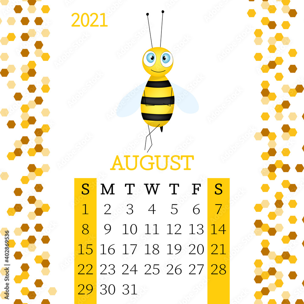 Calendar 2021. Monthly calendar for August 2021 from Sunday to Saturday ...
