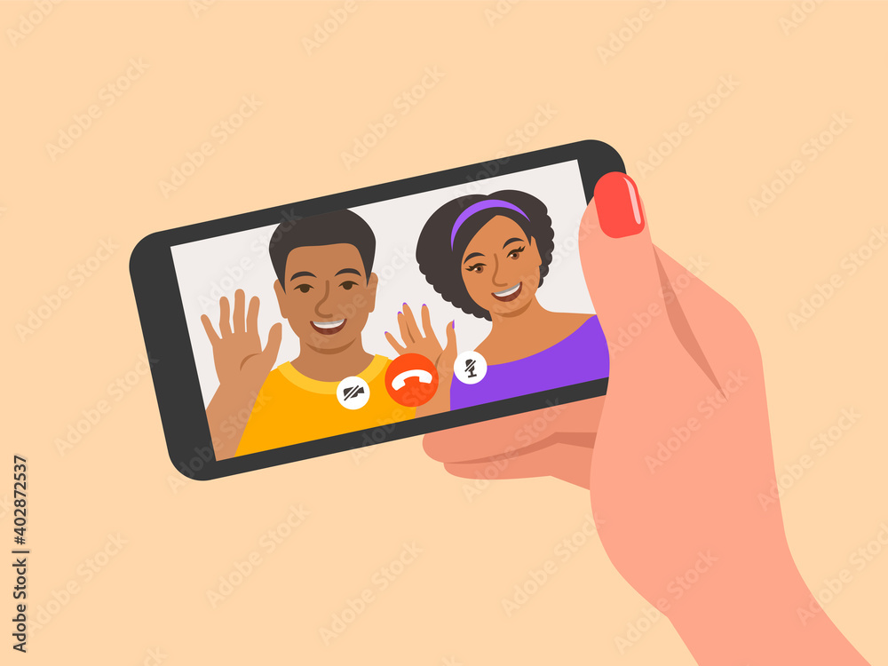 Online video call by smartphone. Young couple, black woman and man say ...