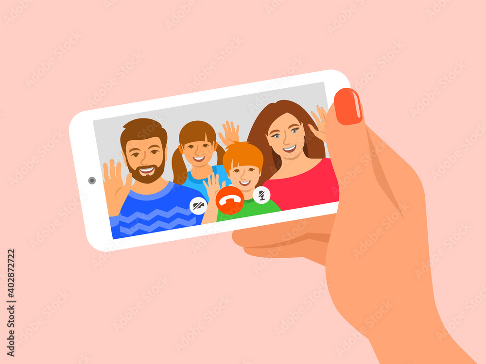 Family online video call by smartphone. Happy family, mom, dad and kids ...