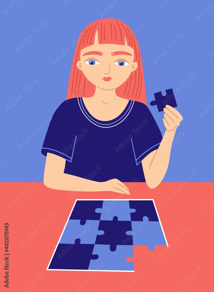 Early sign of autism spectrum disorder ASD. Cartoon girl play jigsaw ...