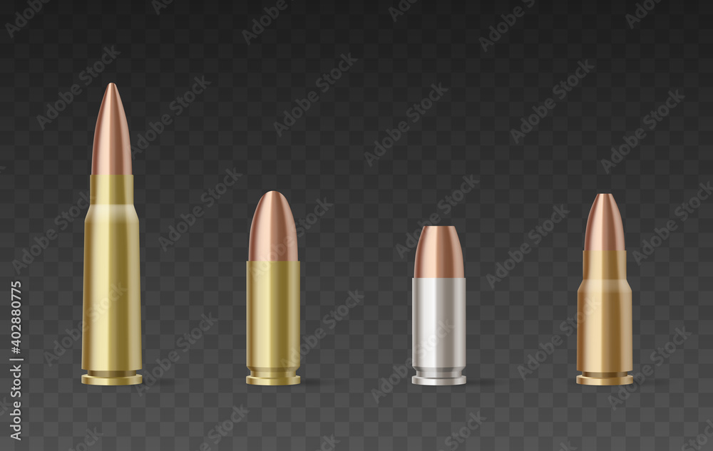 Bullets of different calibers and materials isolated on transparent ...