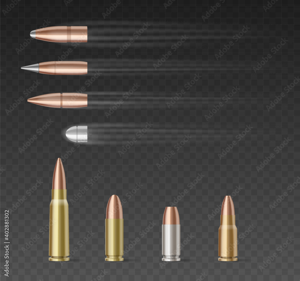 Set of bullets of different caliber over transparent background. 3d ...