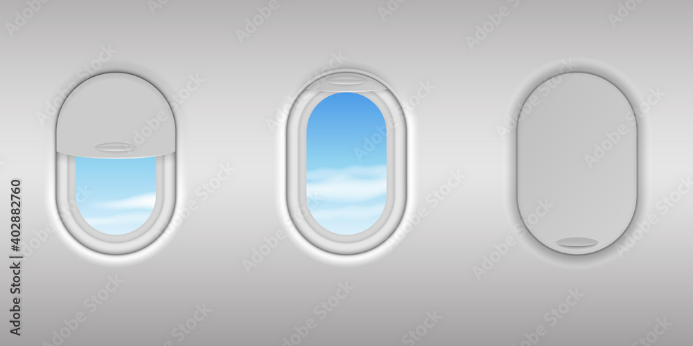 Realistic detailed 3d airplane window with blue sky view set. Porthole ...