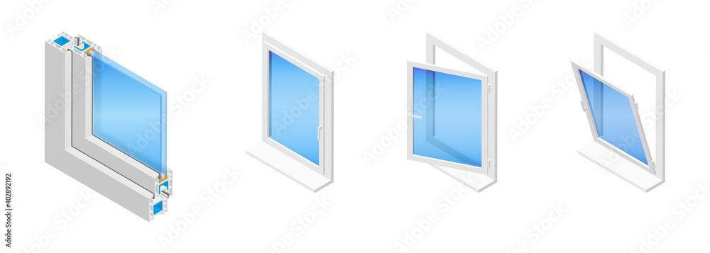 Isometric vector illustration plastic windows isolated on white ...