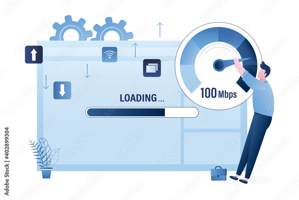 Vetor do Stock: Slow loading of media content. Speed test. Male user ...