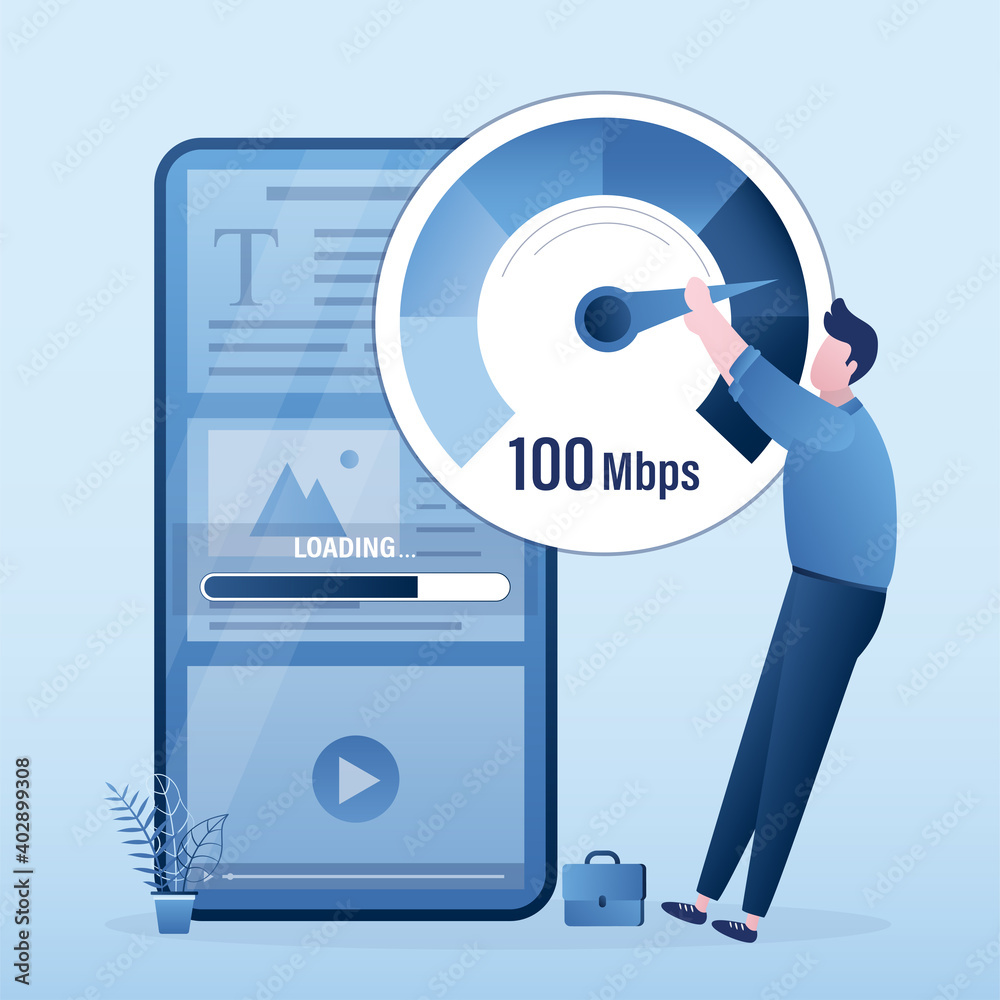 Slow loading of media content on smartphones. Speed test. Male user ...