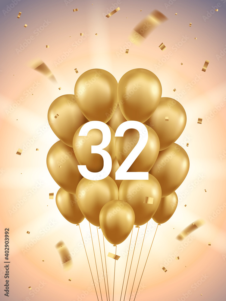 32nd Year anniversary celebration background. Golden balloons and ...