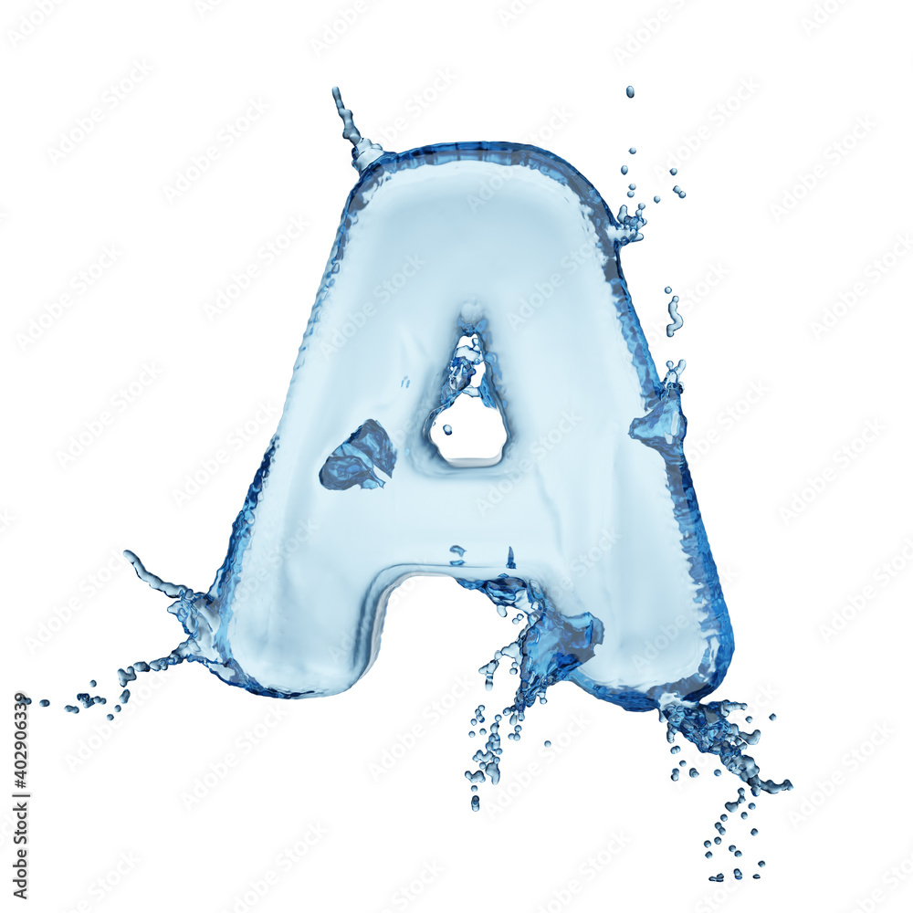 Letter A water splash alphabet isolated on white. 3D rendering ...