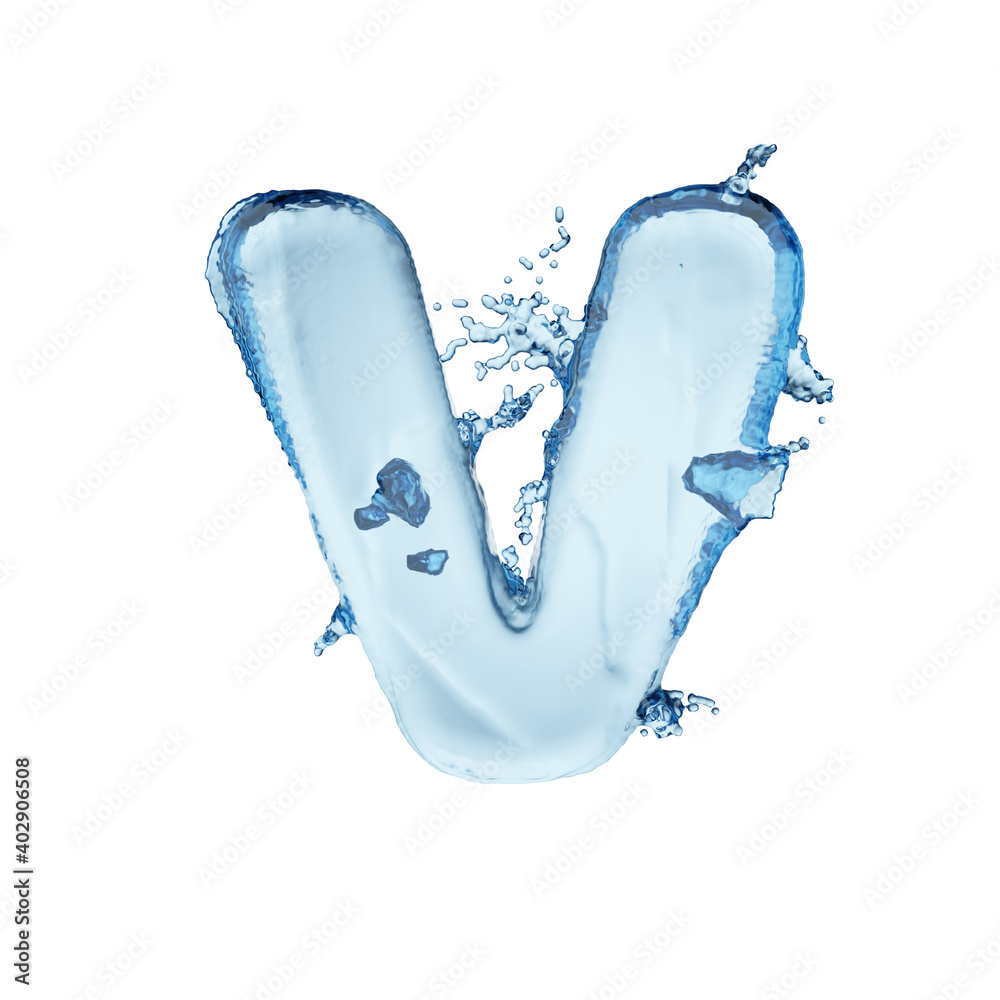 Letter V water splash alphabet isolated on white. 3D rendering ...
