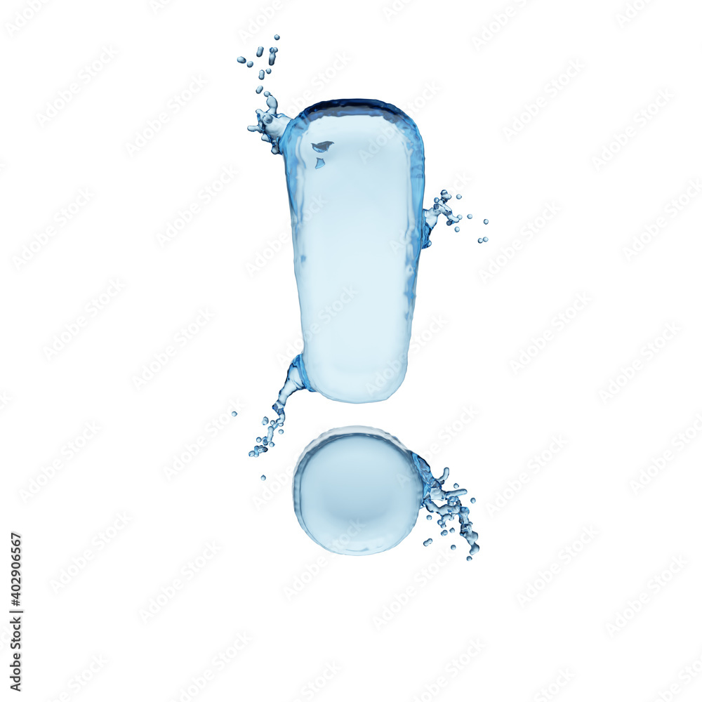 Exclamation mark water splash alphabet isolated on white. 3D rendering ...