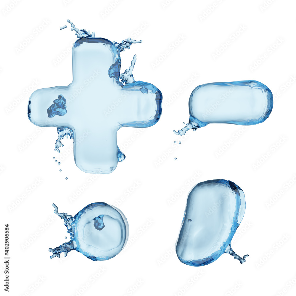 Punctuation mark water splash alphabet isolated on white. 3D rendering ...