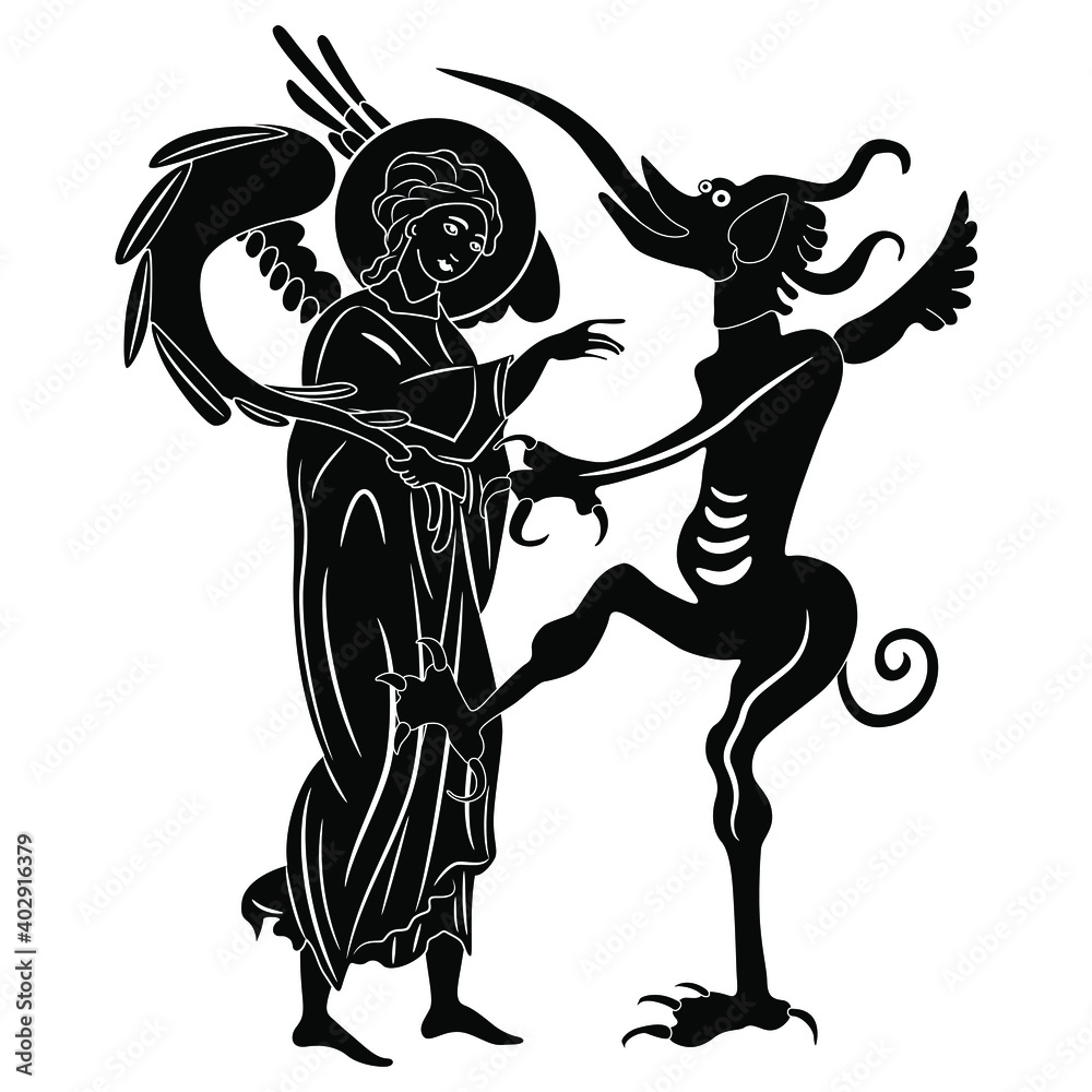 Angel and devil. Medieval art. Black and white silhouette ...