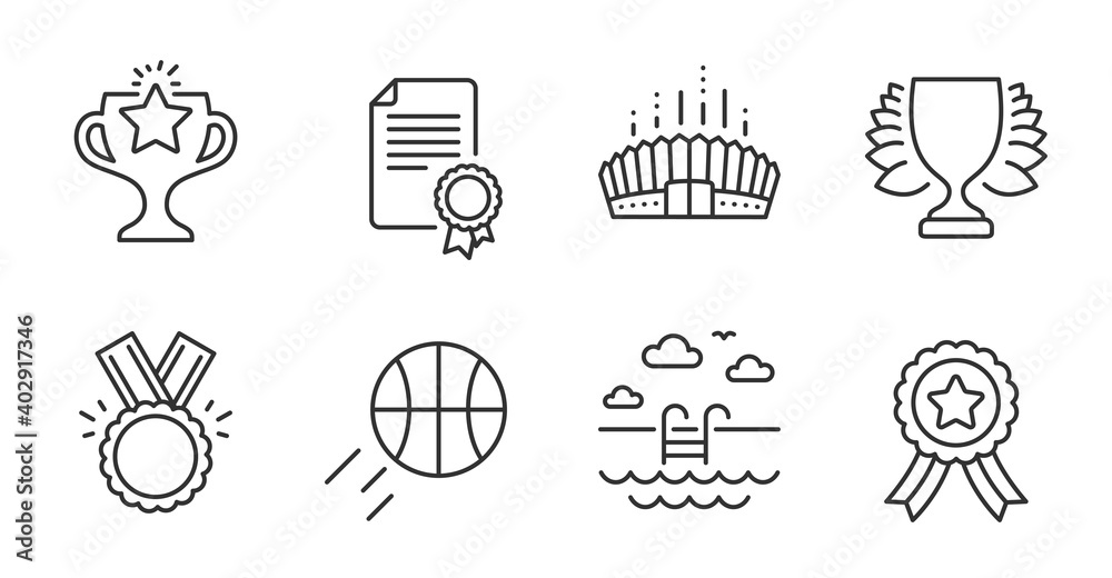 Winner ribbon, Basketball and Winner line icons set. Arena stadium ...