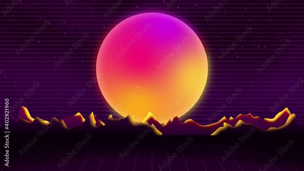 synthwave wireframe net. Sunset above the mountains. 80s style, Retro ...