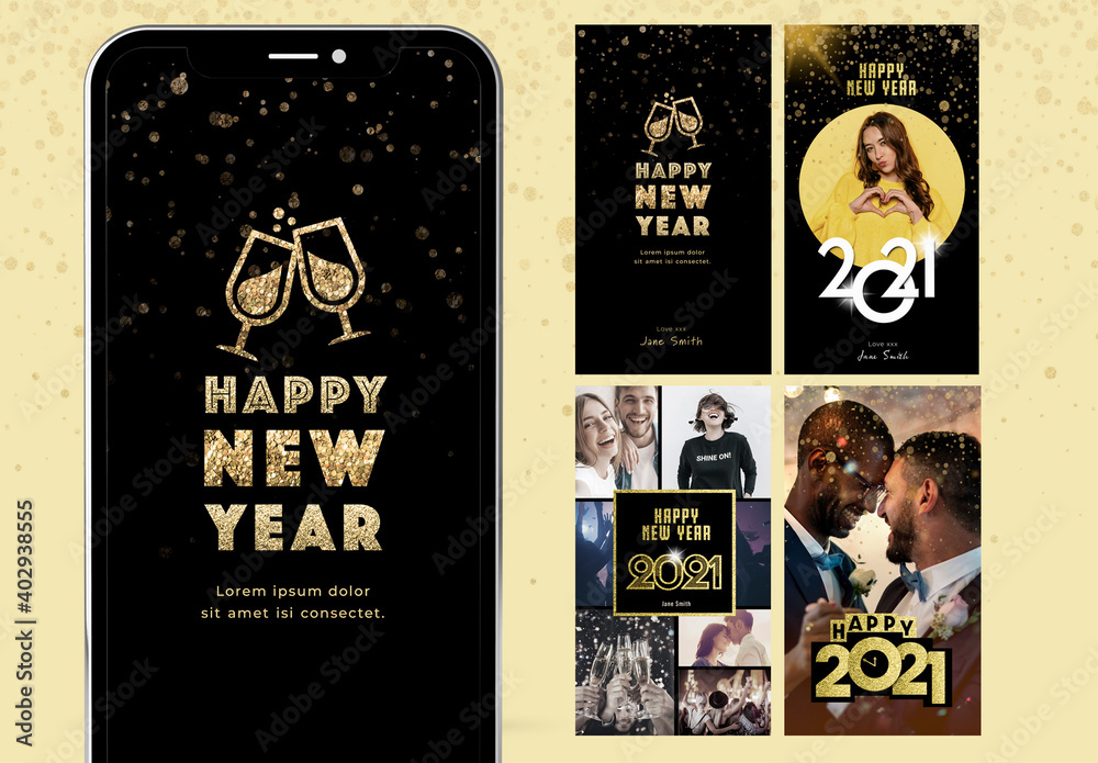 Happy New Year Digital Card Layout Kit Stock Template | Adobe Stock