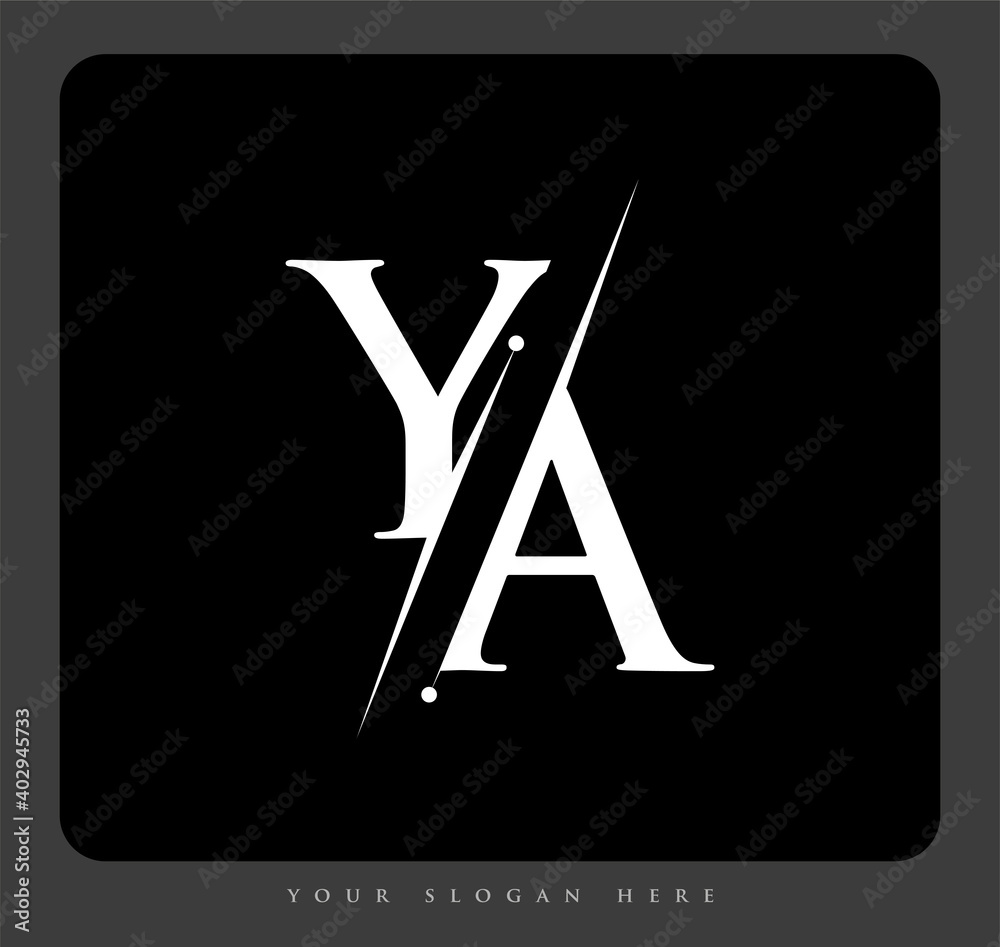 initial logo letter YA for company name black and white color and slash ...