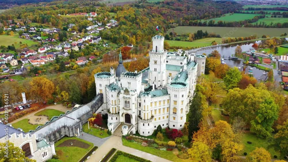 Drone view of medieval castle in Hluboka nad Vltavou, Czech Republic ...