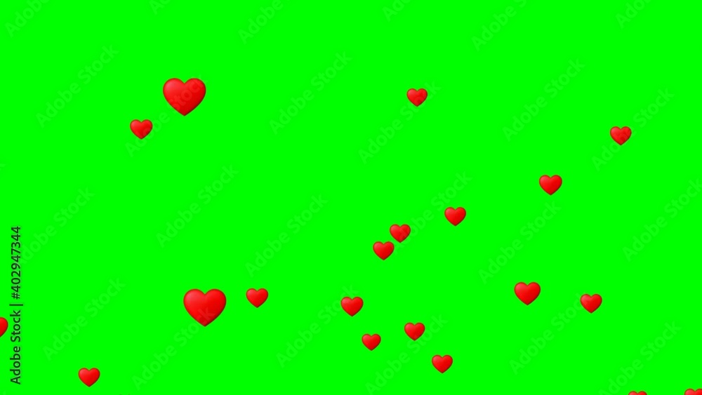 Multiple basic and simple red hearts float upward on a green screen ...