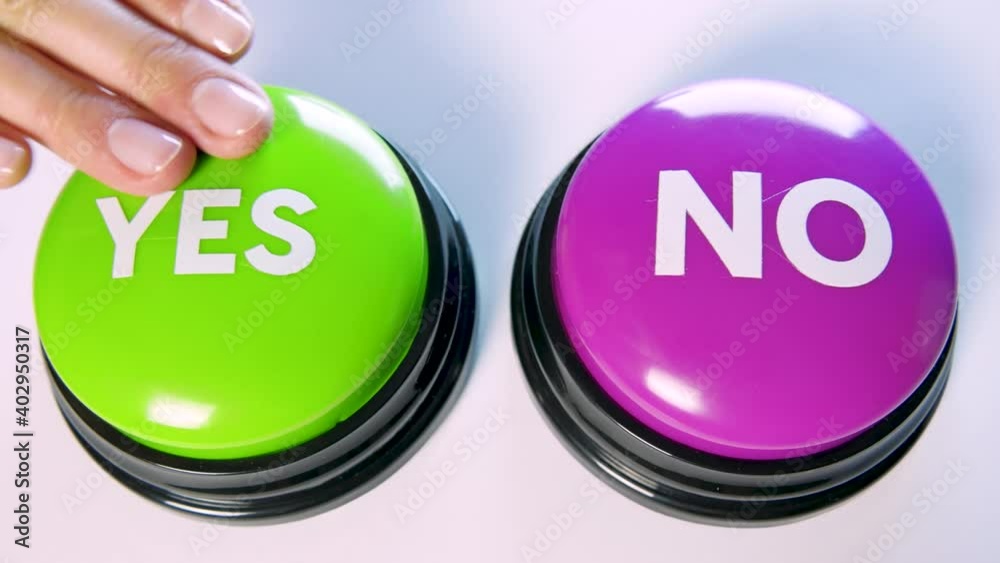 Doubtful hesitant woman choosing between Yes or No buttons. Positive ...
