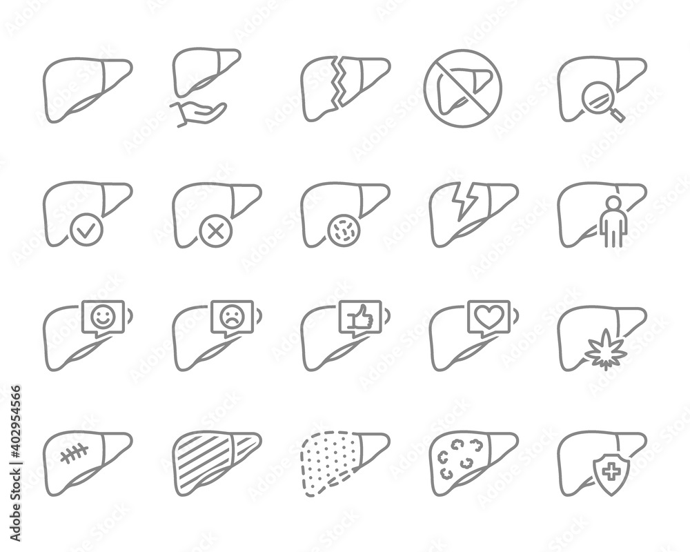 Set of liver line icon. Internal organ, digestive organ illness ...
