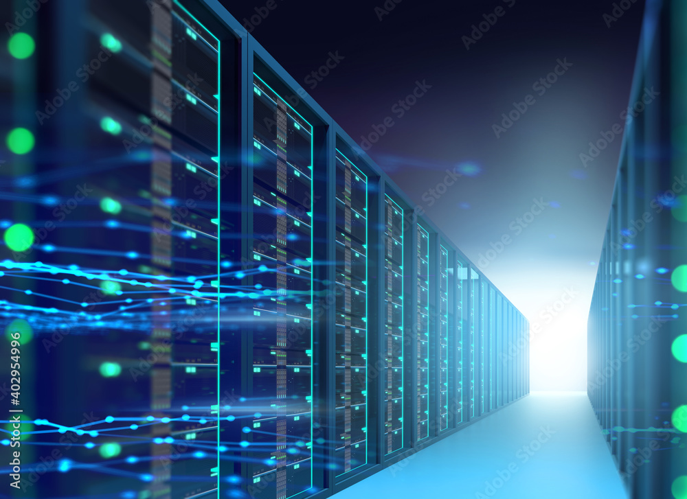 Corridor of server room with server racks in datacenter. 3d ...