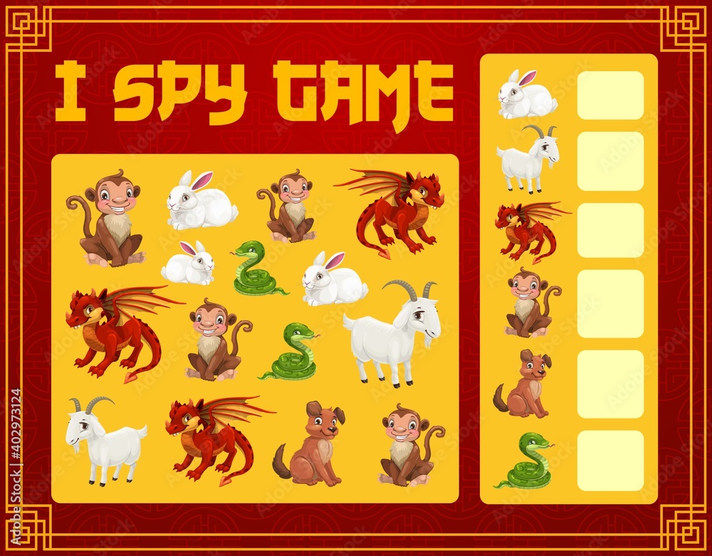 Kids I spy game with Chinese zodiac calendar animals. New Year holiday ...